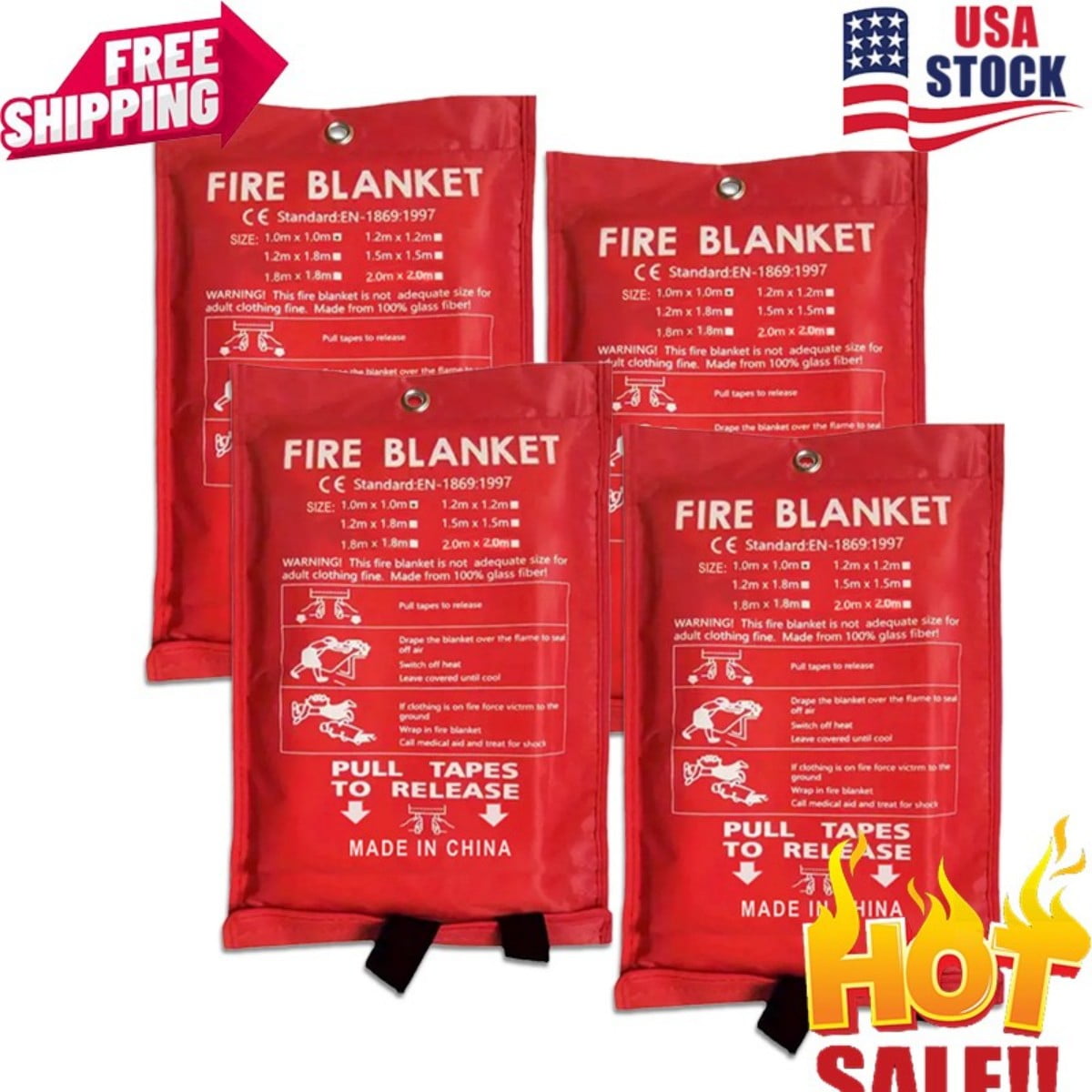 Fire Suppression Blankets 4-Pack - 39"x39" Fiberglass Flame Retardant ...
