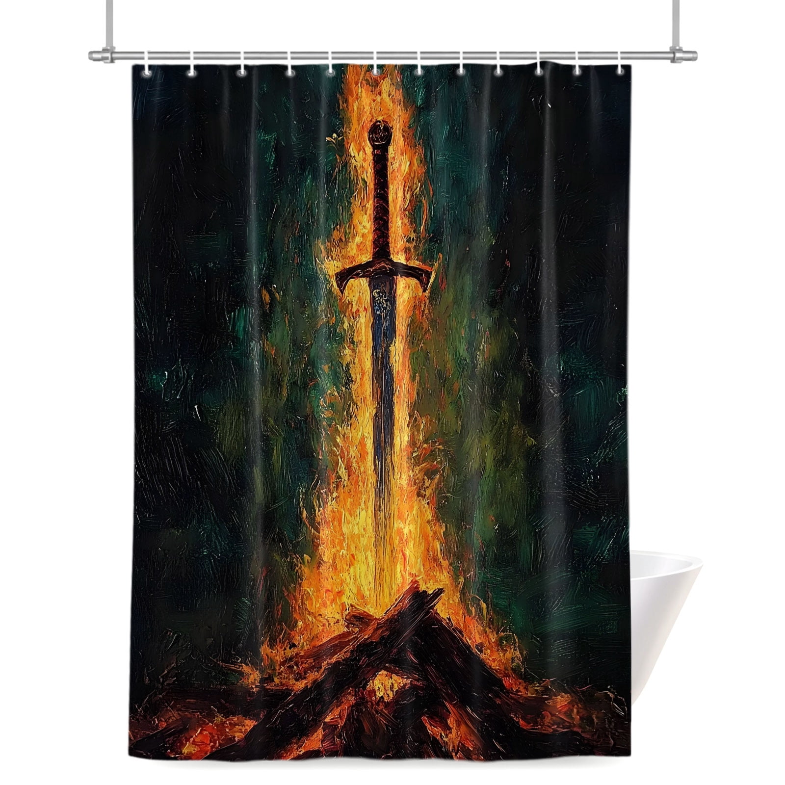 Fire Sword Shower Curtains for Bathroom, Dramatic Burning Wood Gold ...