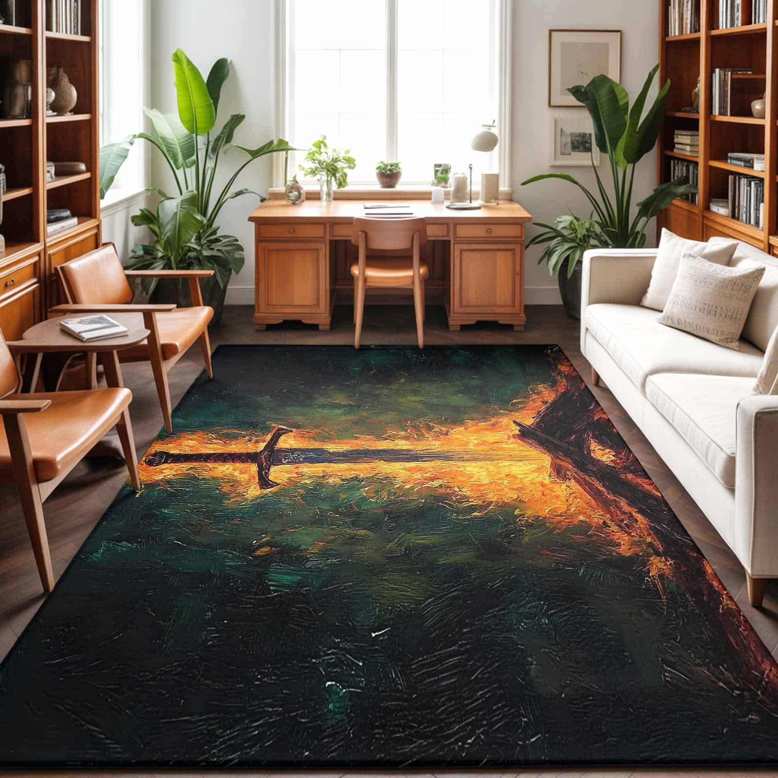 Fire Sword Washable Area Rug 3 x 5 ft Dramatic Burning Wood Gold ...