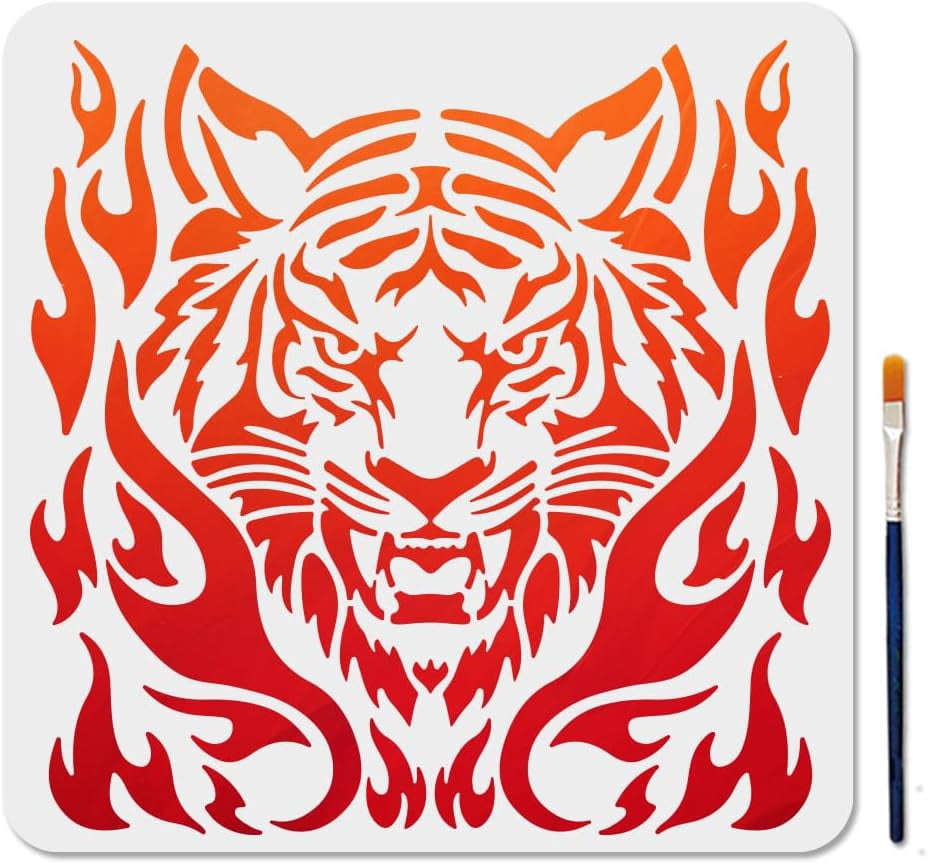Fire Tiger Stencil Flame Tiger Animal Stencils 11.8×11.8inch Reusable ...