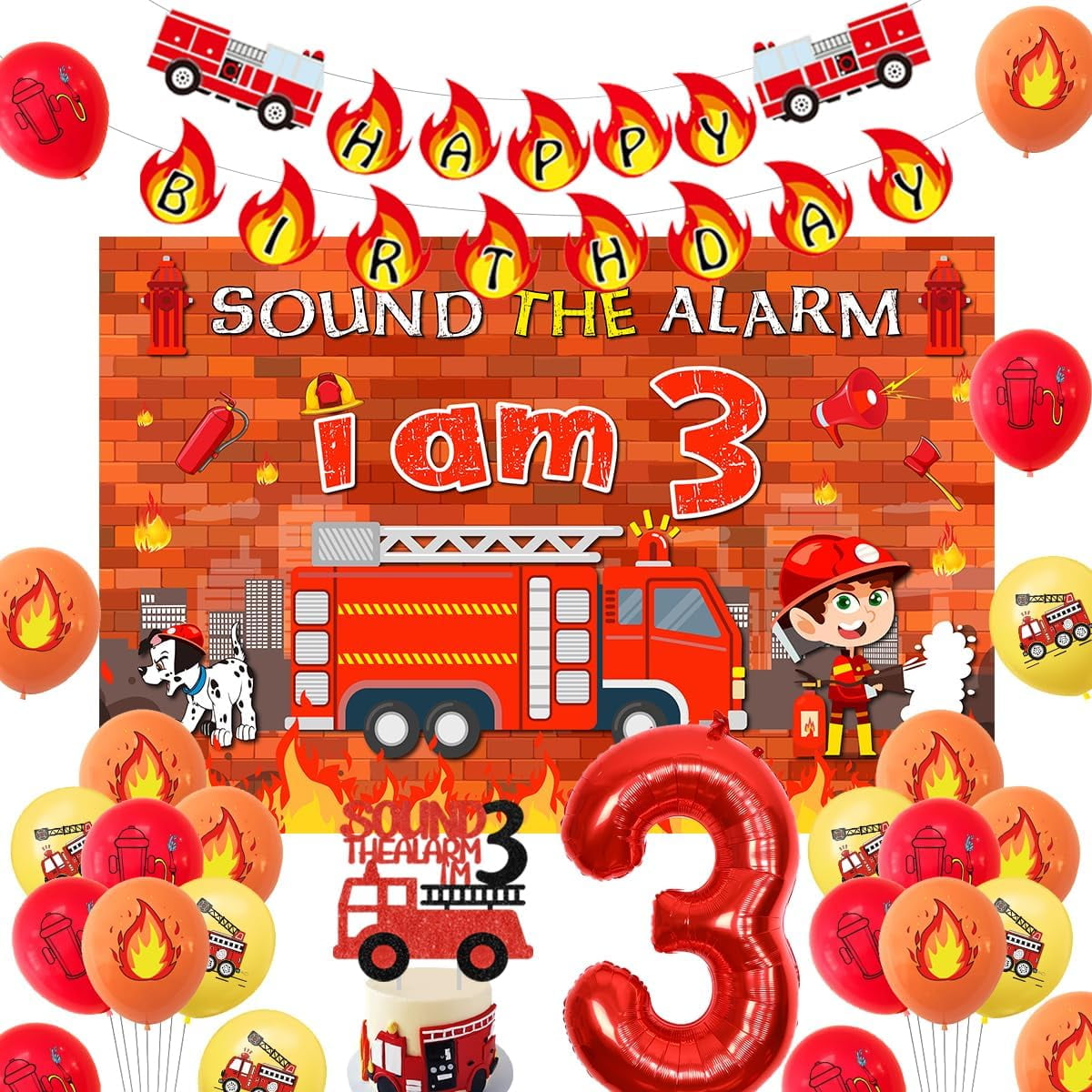 Fire Truck 3rd Birthday Party Decorations, Sound the Alarm I Am 3, Cake ...