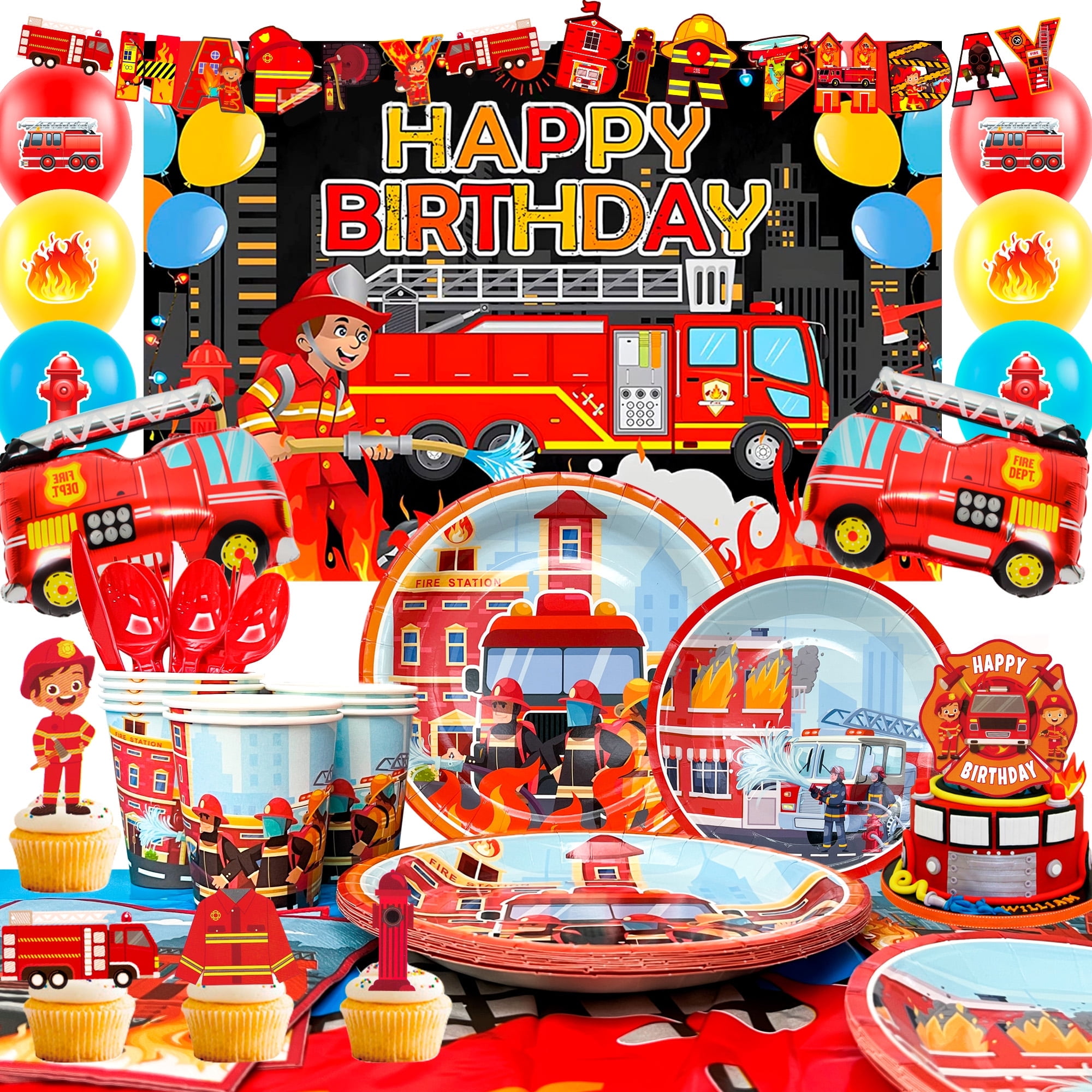 Fire Truck Birthday Party Supplies, 114pcs Firetruck Birthday ...