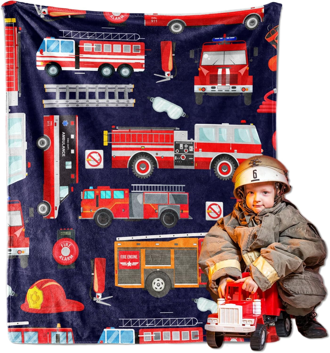 Fire Truck Blanket for Boys, Throw Kids, Blue Firefighter Teens, Soft ...