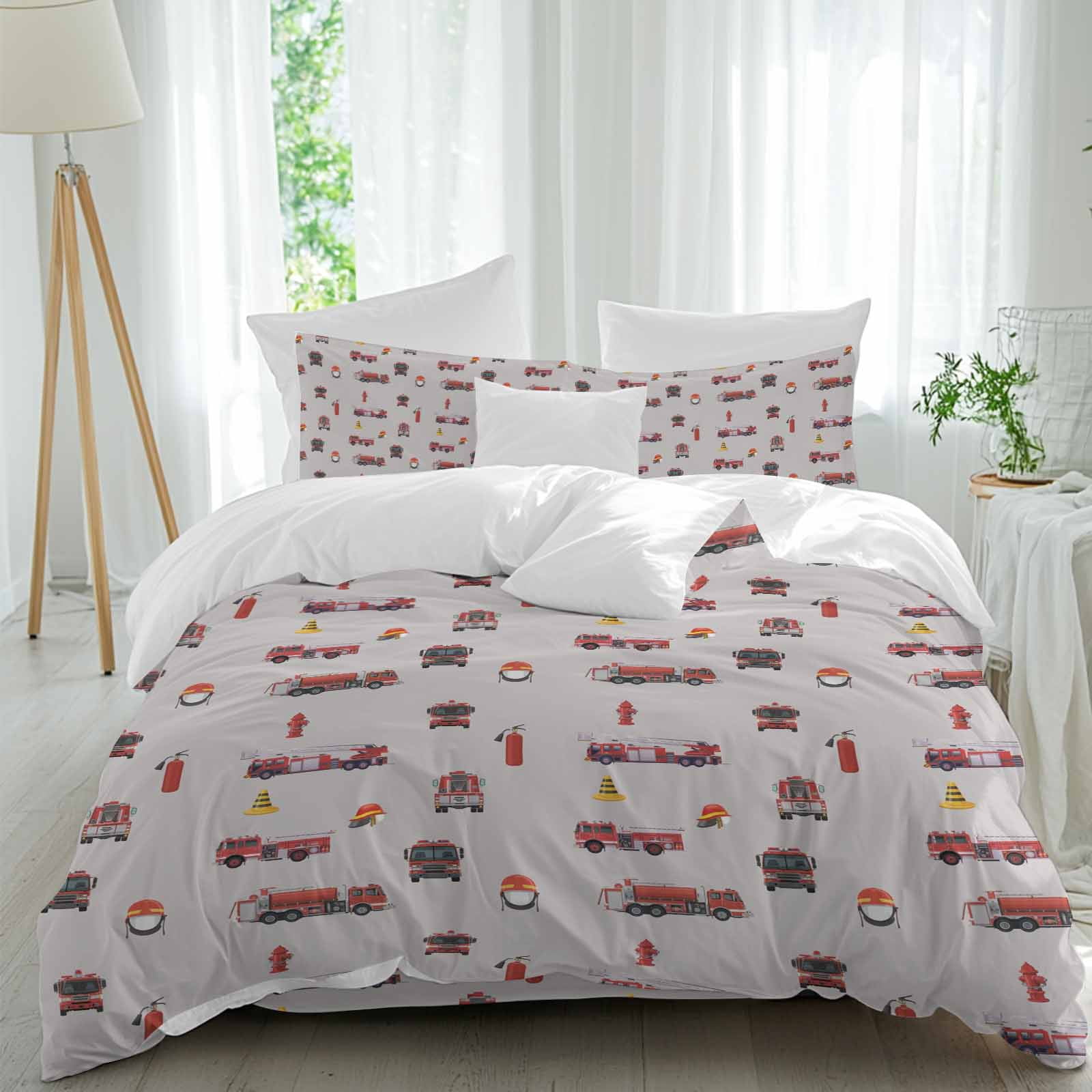 Fire Truck Cars Queen Size Comforter Set, Cartoon Fire Truck Fireman ...