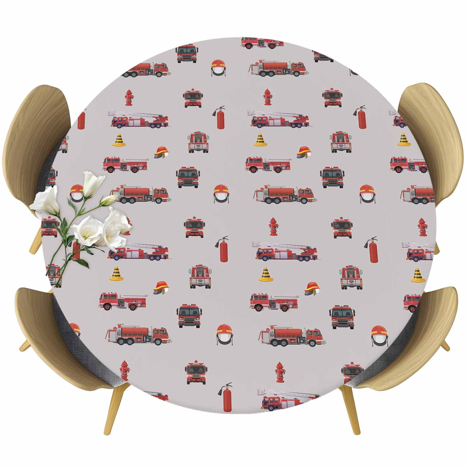 Fire Truck Cars Round Fitted Tablecloth with Elastic Edge, Abstract ...