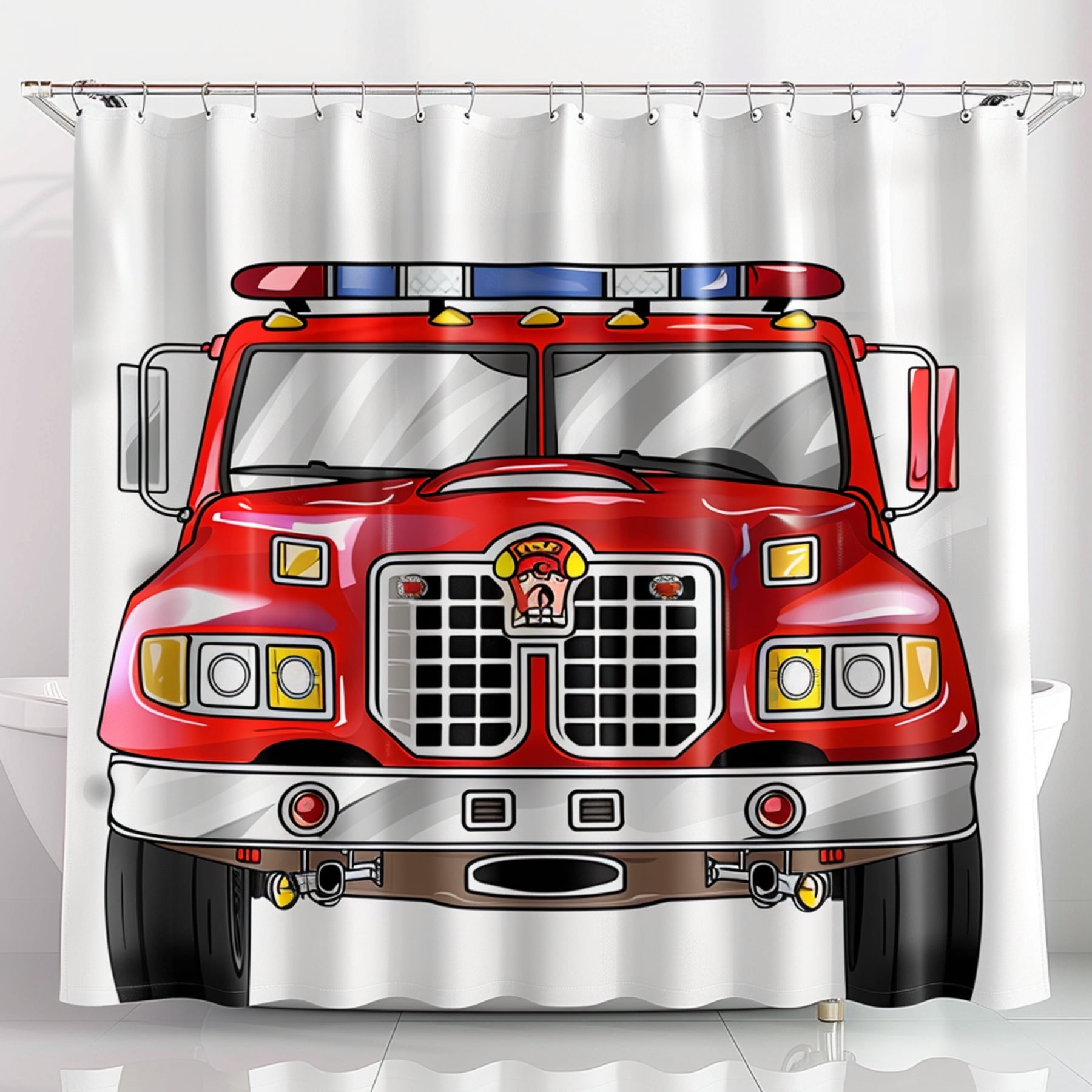 Fire Truck Cartoon Shower Curtain Hyper Realistic Design High Detail ...