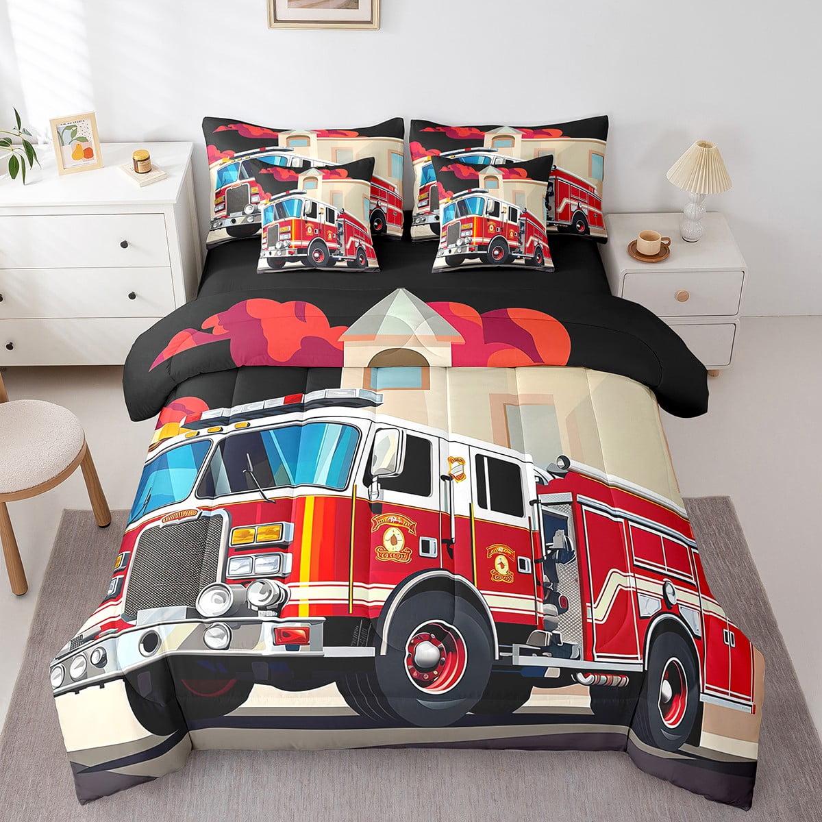Fire Truck Comforter Set 7 Piece Bed in a Bag Twin,Cartoon Rescue Fire ...