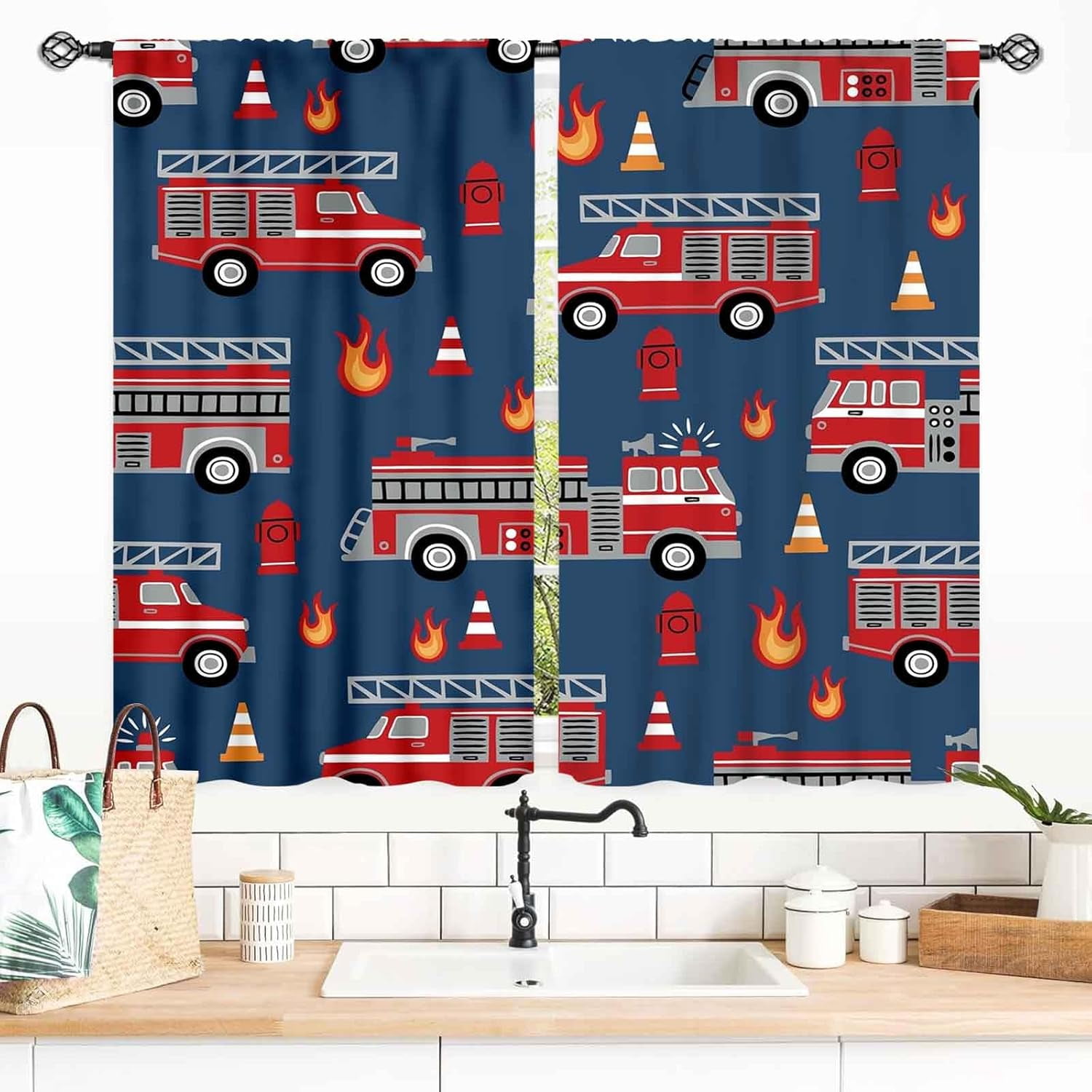 Fire Truck Curtains for Boys Room, Cartoon Fire Engine Fireman Car ...