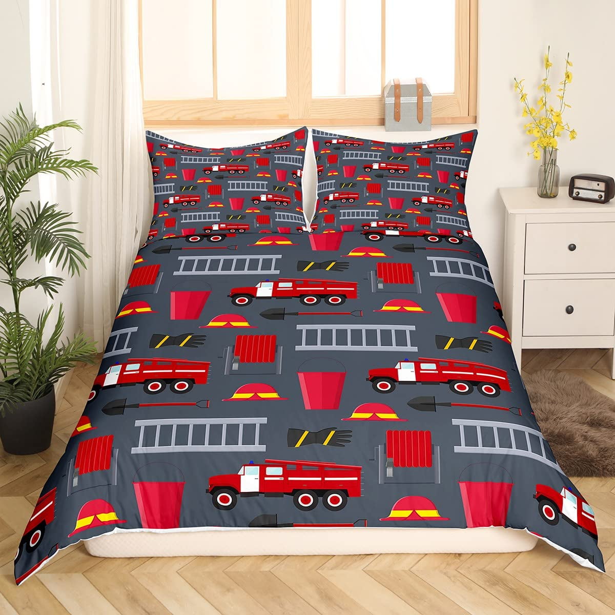 Fire Truck Duvet Cover Set Twin Size Red Firemen Car Vehicle Bedding ...