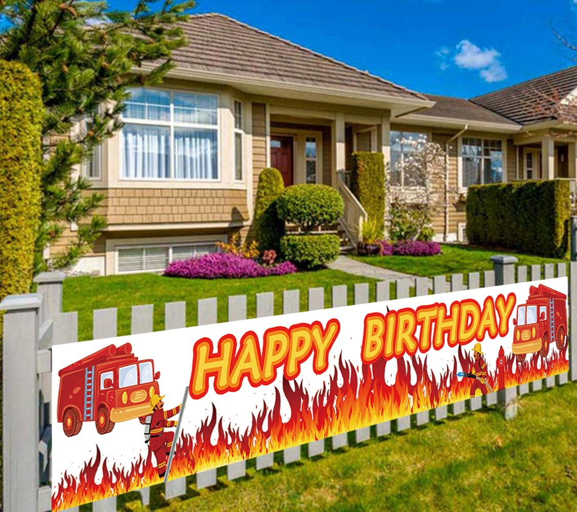 Fire Truck Happy Birthday Banner Firetruck Sign Flag Firefighter ...