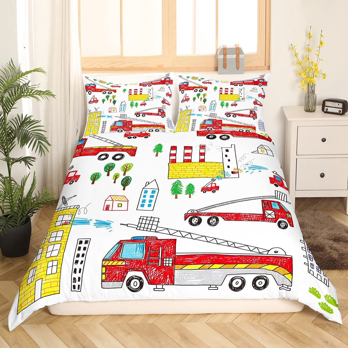 Fire Truck King Duvet Cover Cartoon Police Car Bedding Set for Kids ...