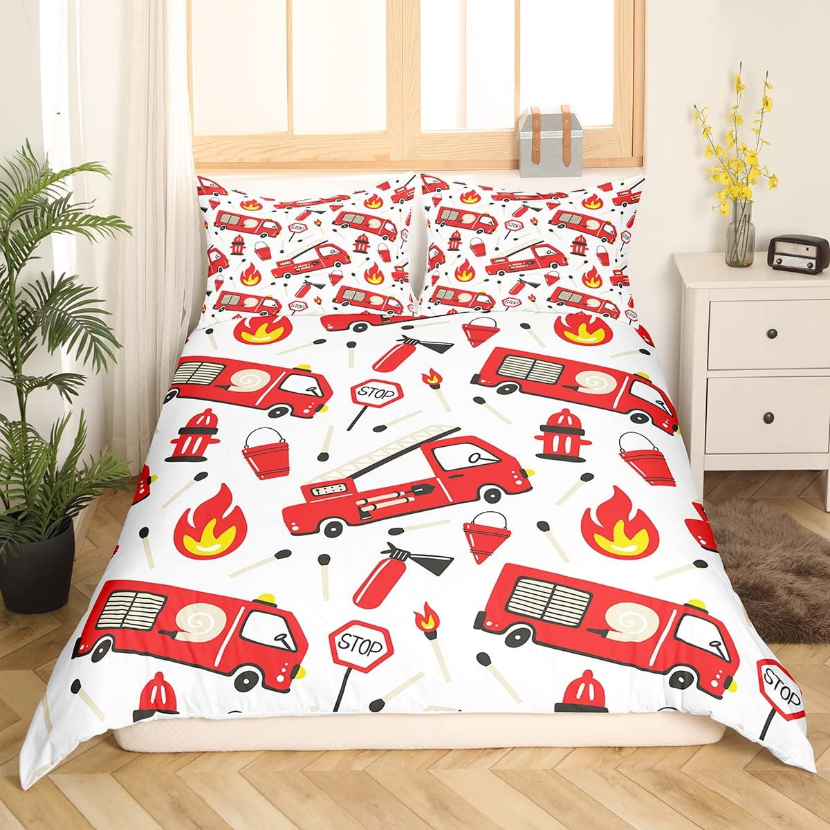 Fire Truck King Duvet Cover Cartoon Police Car Bedding Set for Kids ...