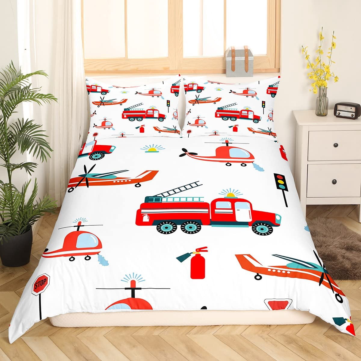 Fire Truck King Duvet Cover Cartoon Police Car Bedding Set for Kids ...