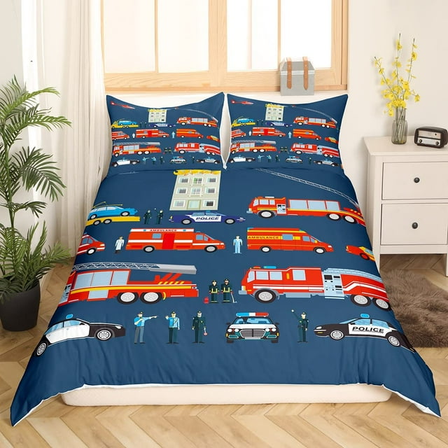 Fire Truck King Duvet Cover Cartoon Police Car Bedding Set for Kids ...