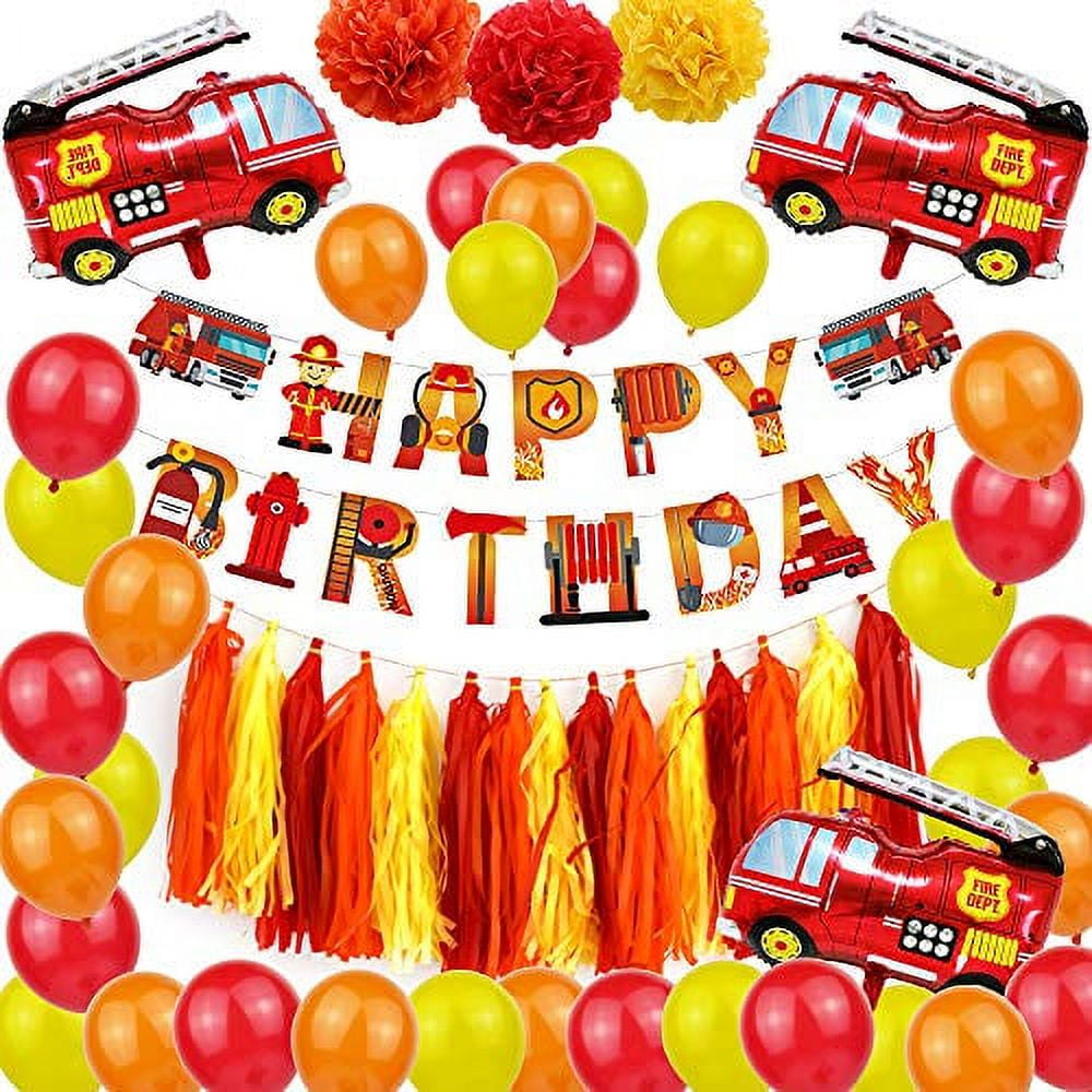 Fire Truck Party Supplies - Fireman Happy Birthday Banner, Paper Pom ...