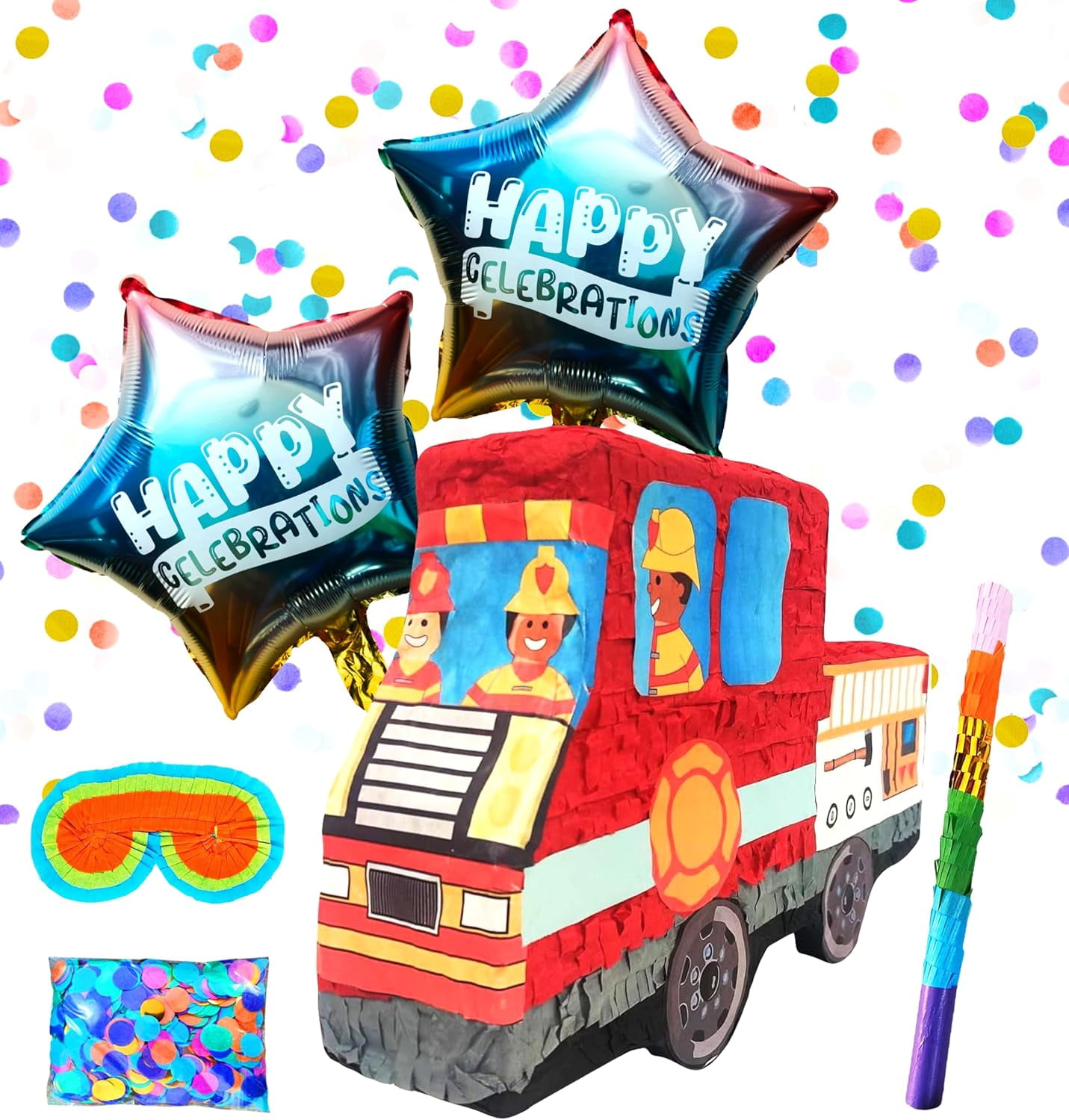 Fire Truck Pinatas Bundle Complete Set with Blindfold, Bat,Confetti and ...