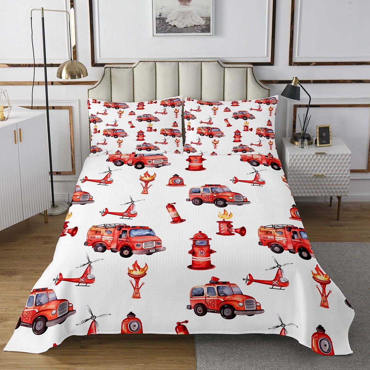 Fire Truck Red Bedspread Set Queen Firefighter Supplies Pattern ...