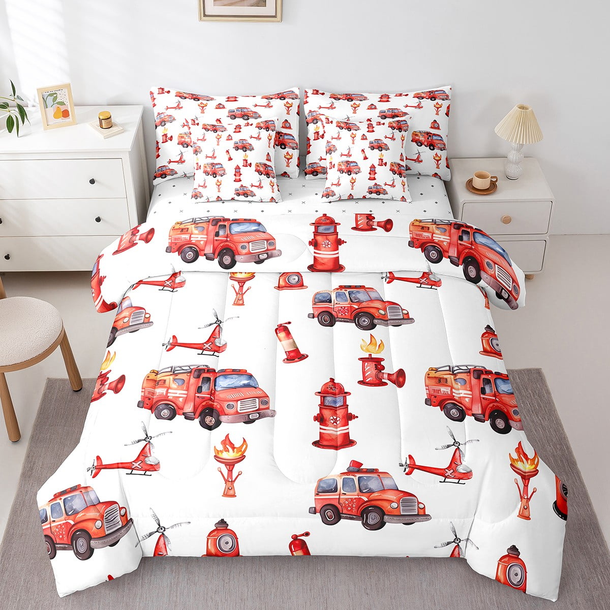 Fire Truck Red Comforter Twin 7Pcs Firefighter Supplies Bedding Bed In ...