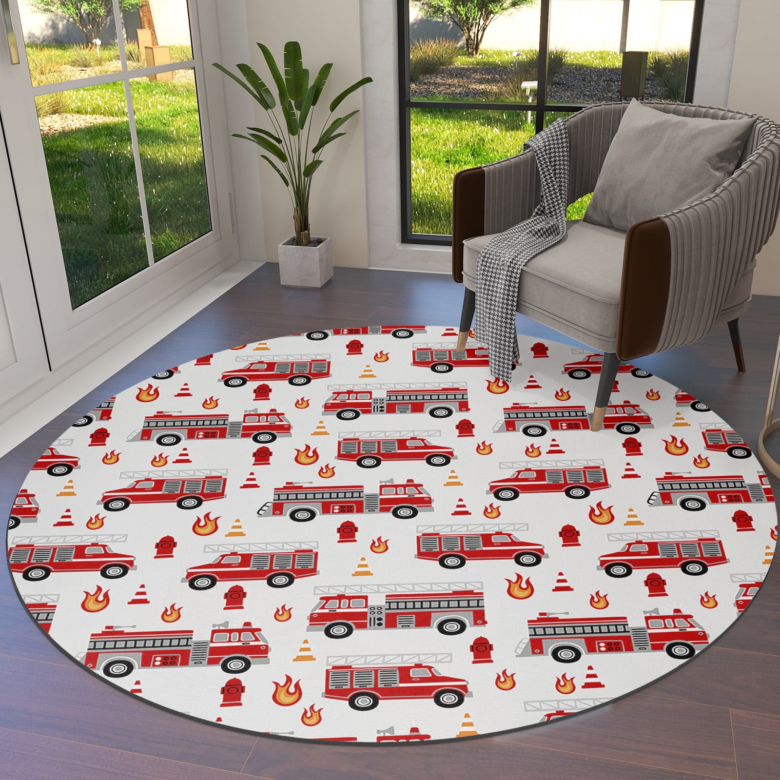 Fire Truck With Red And White Background Round Area Rug Carpets For ...
