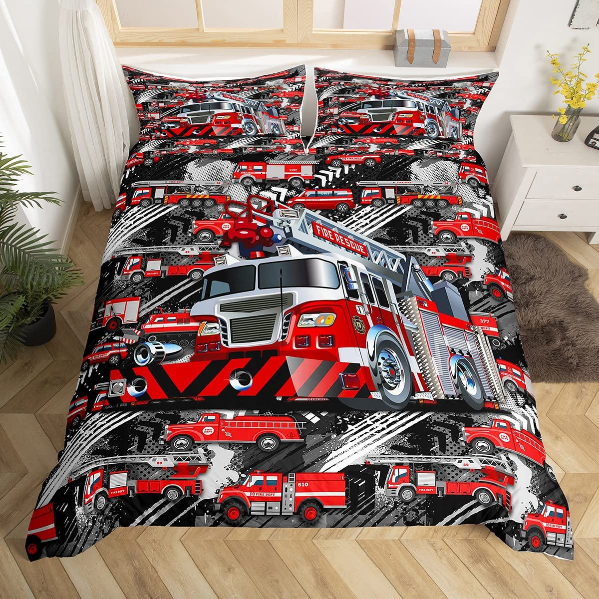 Fire Truck for Kids Boys Red Fire Fighting Supplies Patter Duvet Cover ...