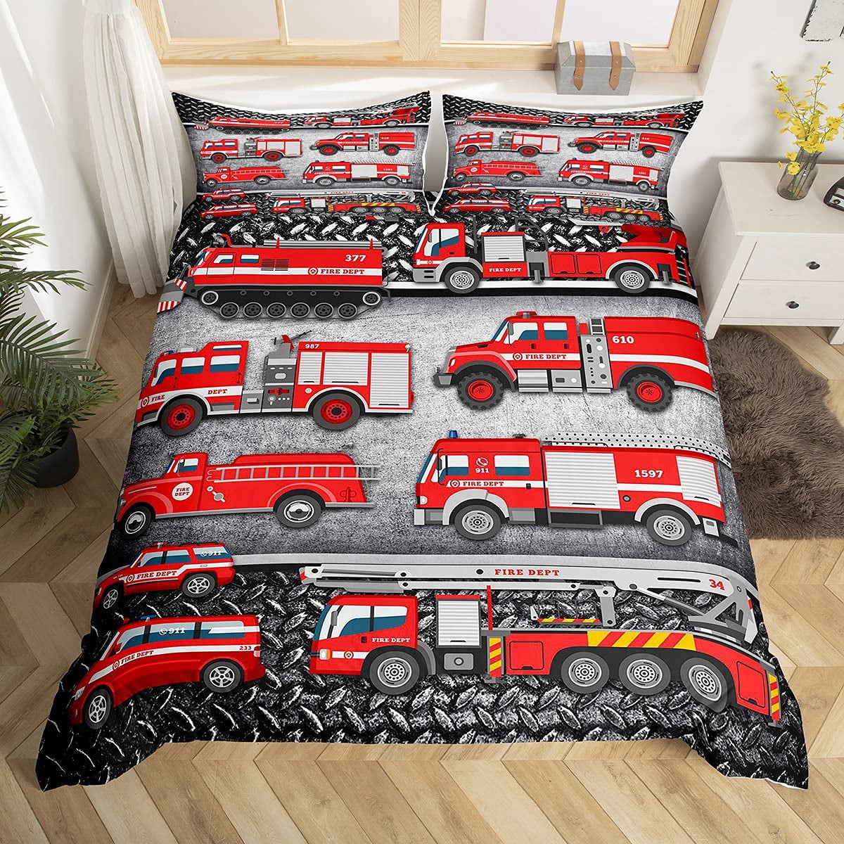 Fire Truck for Kids Boys Red Fire Fighting Supplies Patter Duvet Cover ...