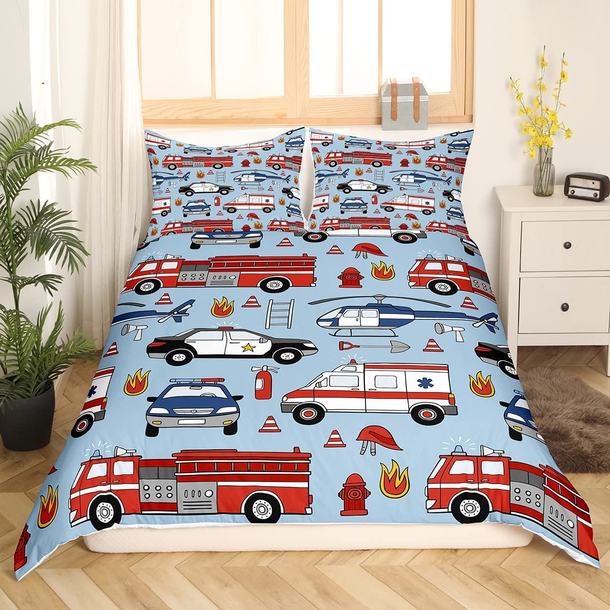 Fire Truck for Kids Boys Red Fire Fighting Supplies Patter Duvet Cover ...