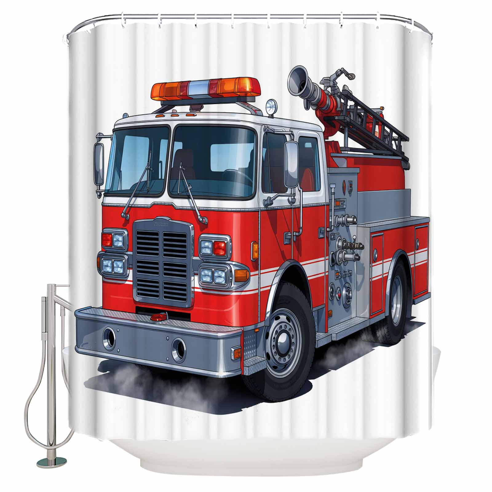Fire Trucks Bathroom Shower Curtains with 12 Hooks Polyester Waterproof ...