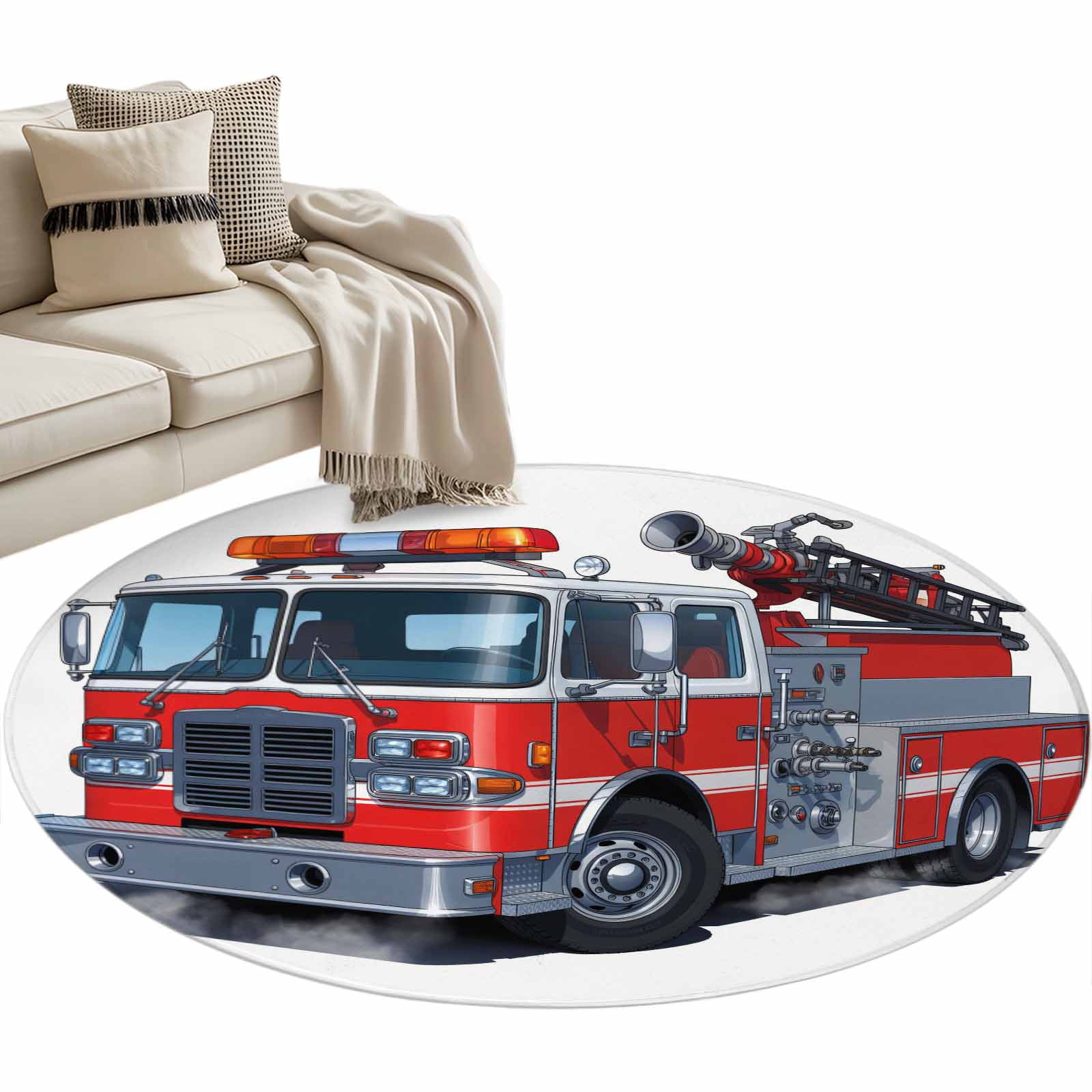 Fire Trucks Round Area Rug 3.3ft Cartoons Vehicles Modern Red Car Non ...