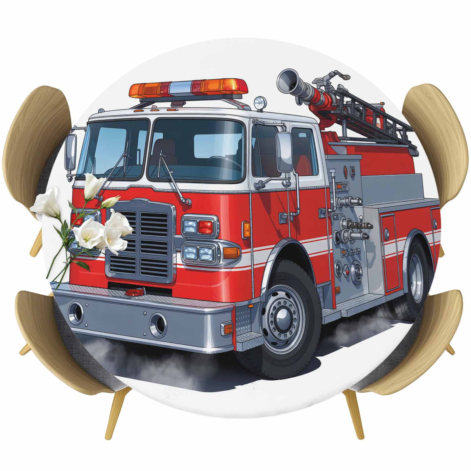 Fire Trucks Round Tablecloth, Fitted Table Cover with Elastic for 45 ...