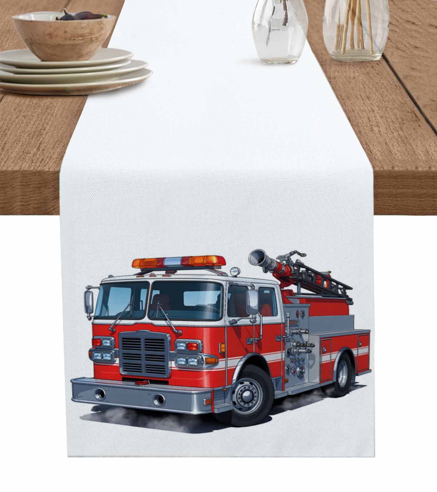 Fire Trucks Table Runner 72 Inches, Modern Cartoons Vehicles Bed Runner ...