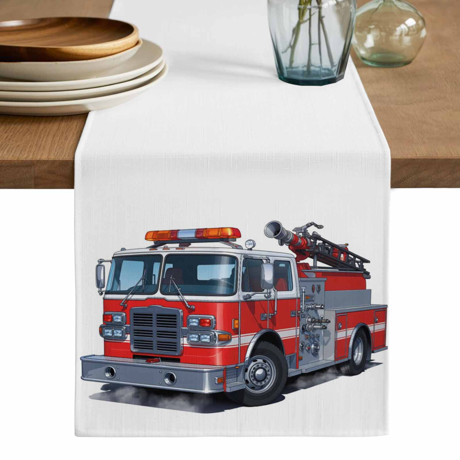 Fire Trucks Table Runner, Modern Cartoons Vehicles Washable Cotton ...