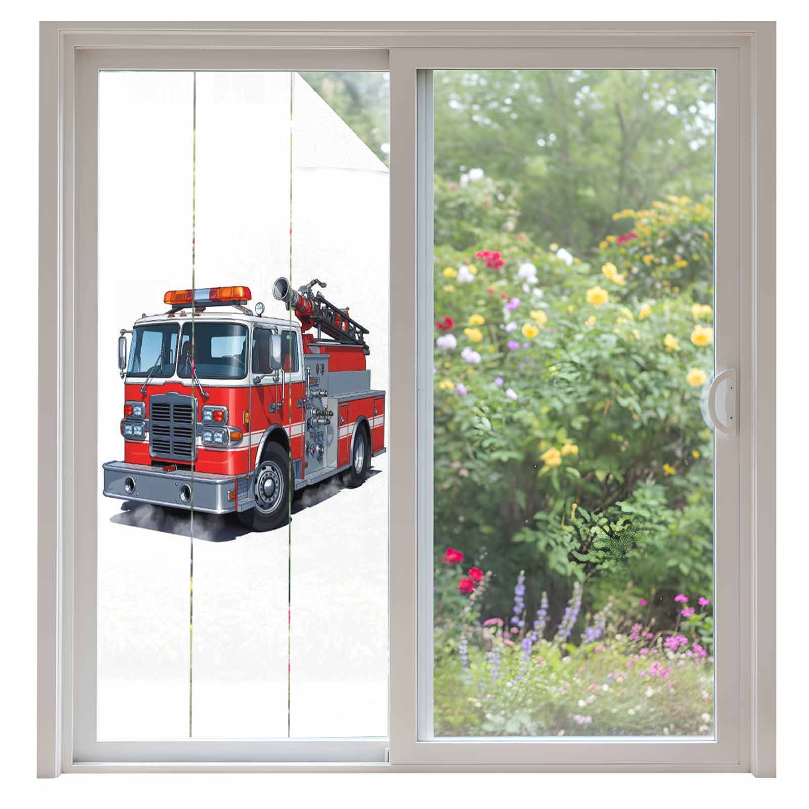 Fire Trucks Window Privacy Film, Modern Cartoons Vehicles Static Cling ...
