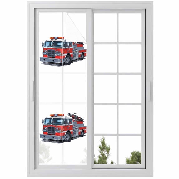 Fire Trucks Window Privacy Film, Modern Cartoons Vehicles Static Cling ...