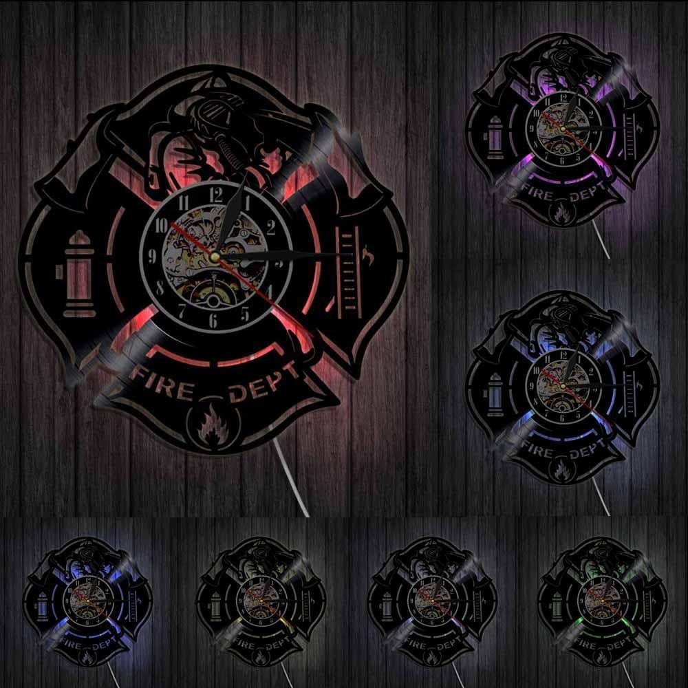Fire Wall Sign Fire Station Wall Clock Firefighter Vinyl Record Clock ...