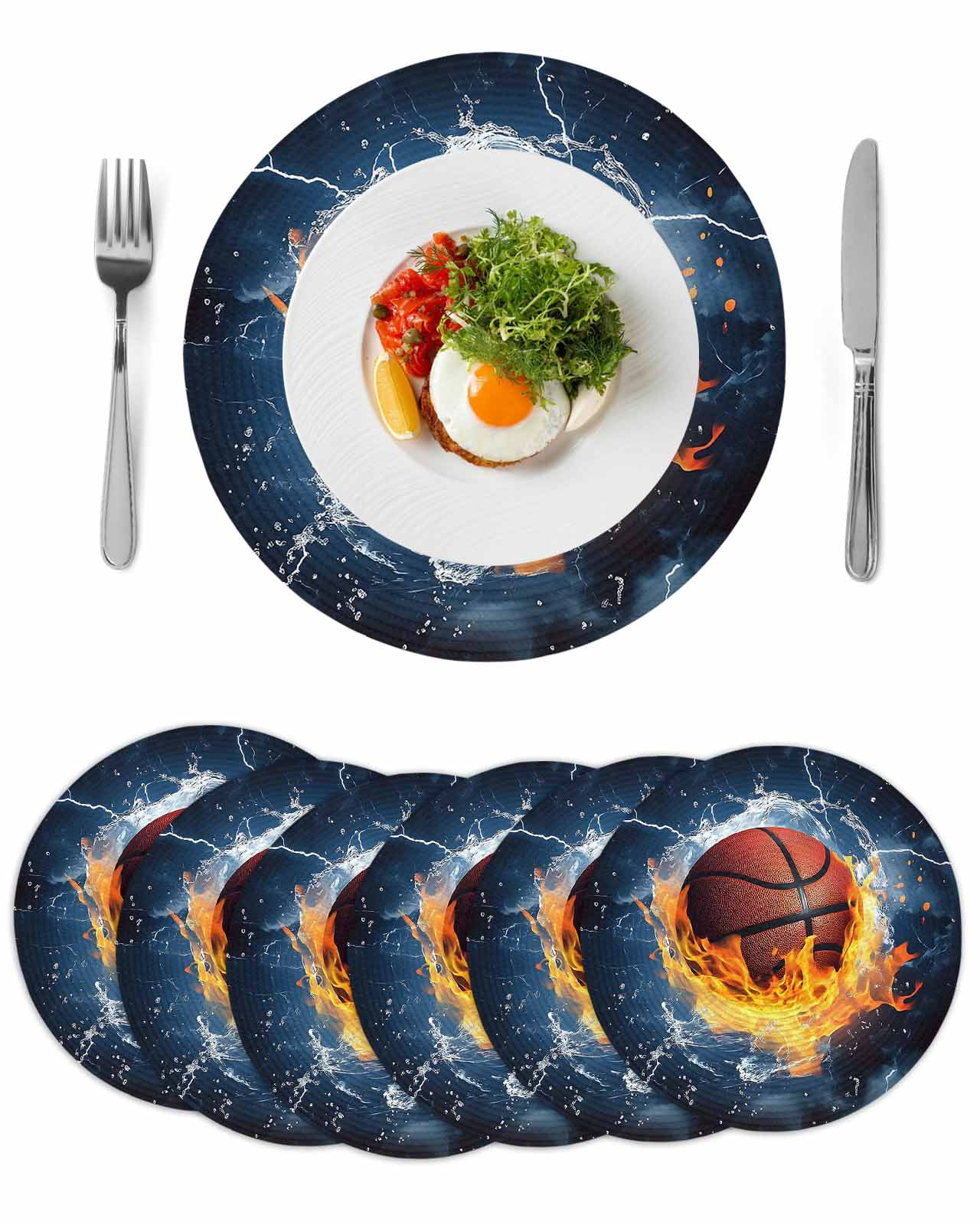 Fire and Ice Basketball Sports Round Table Placemats set of 6, Blue ...