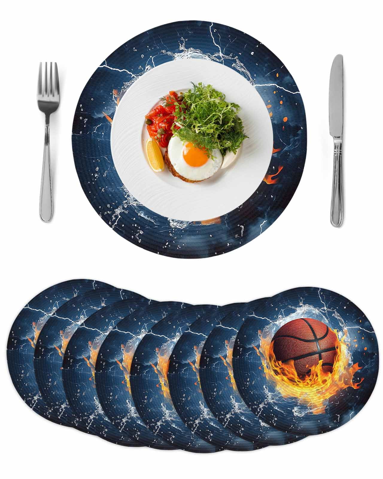 Fire and Ice Basketball Sports Round Table Placemats set of 8, Blue ...