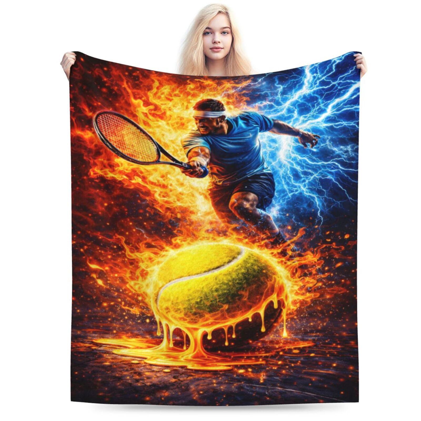 Fire and Lightning Tennis Art Throw Blanket, Dynamic Sports Action ...