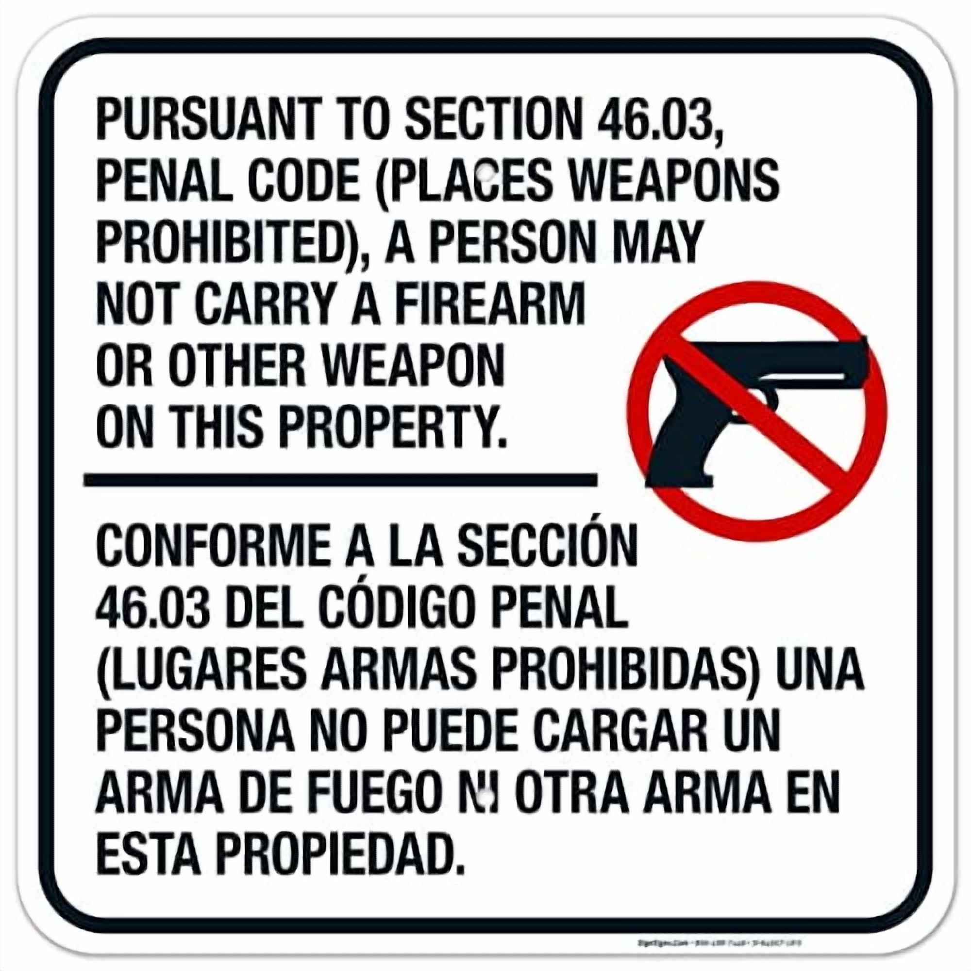 Firearms Or Other Weapons Prohibited Bilingual Sign, 18x18 Inches, 55 ...