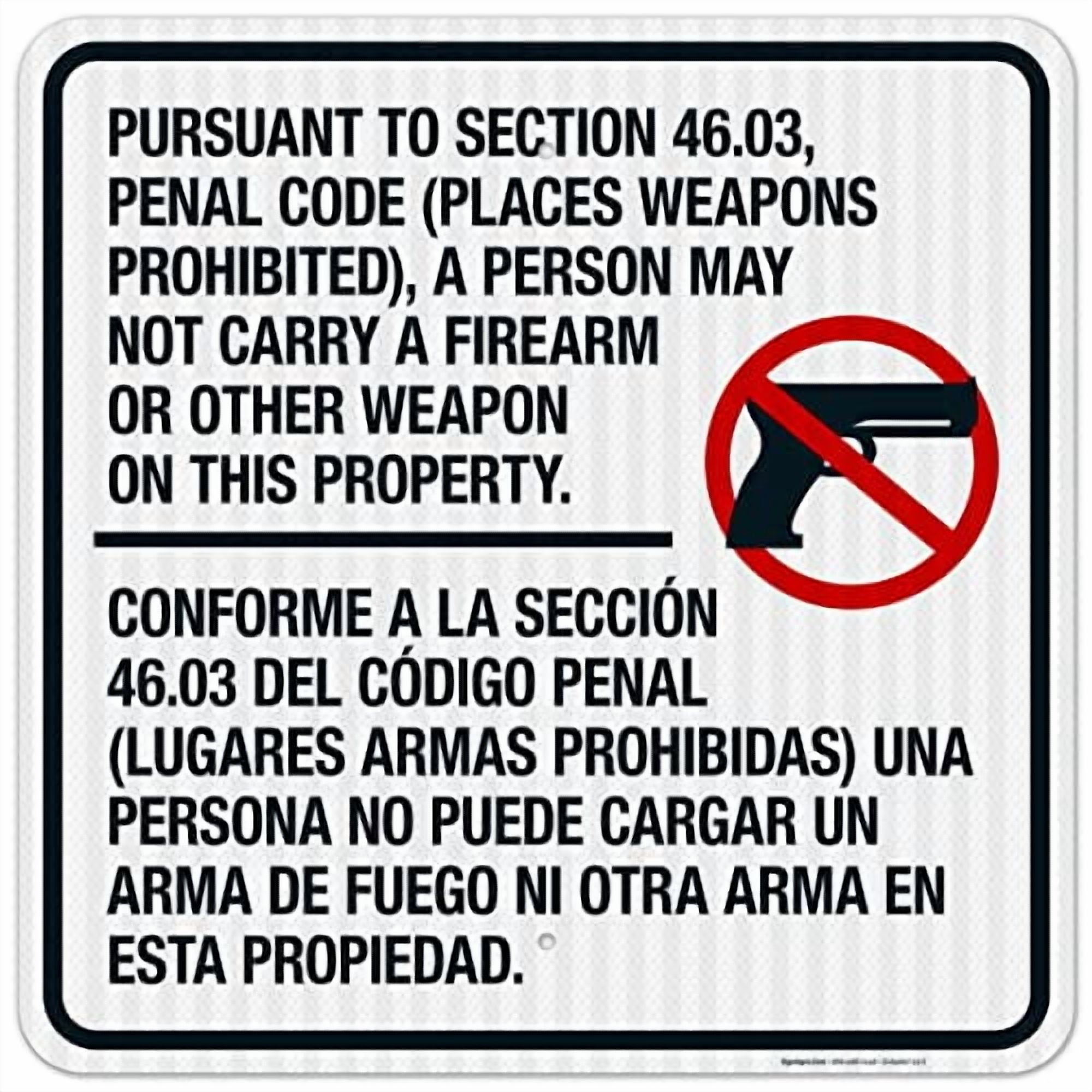 Firearms Or Other Weapons Prohibited Bilingual Sign, 24x24 Inches, 3M ...