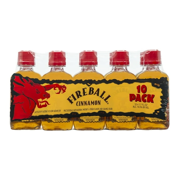 Fireball Cinnamon Malt Beverage, 50ml Bottles, 10 Count, 16.5% Alcohol ...