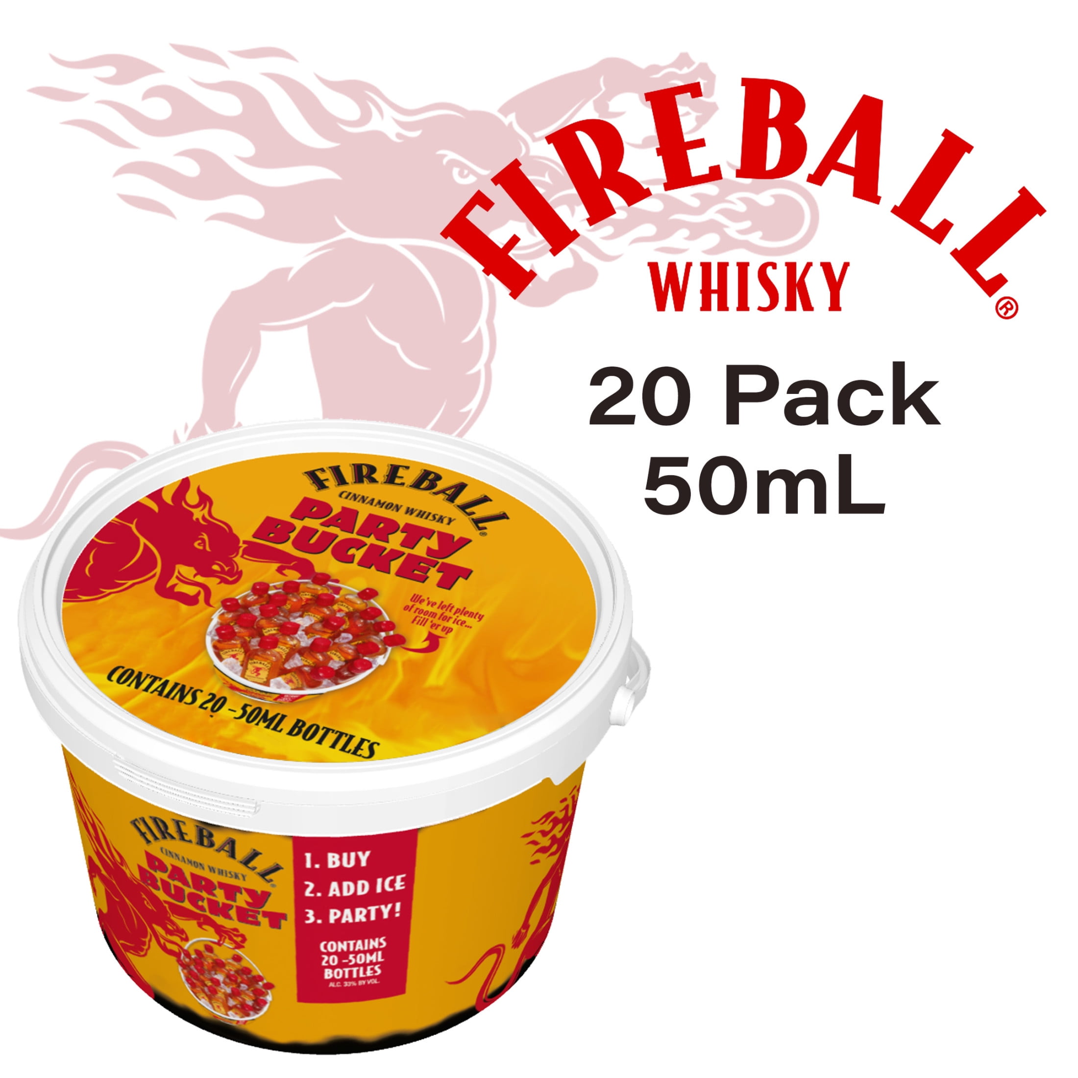 Fireball Cinnamon Whiskey Party Bucket, 50ml Bottles, 20 Count, 33% ...