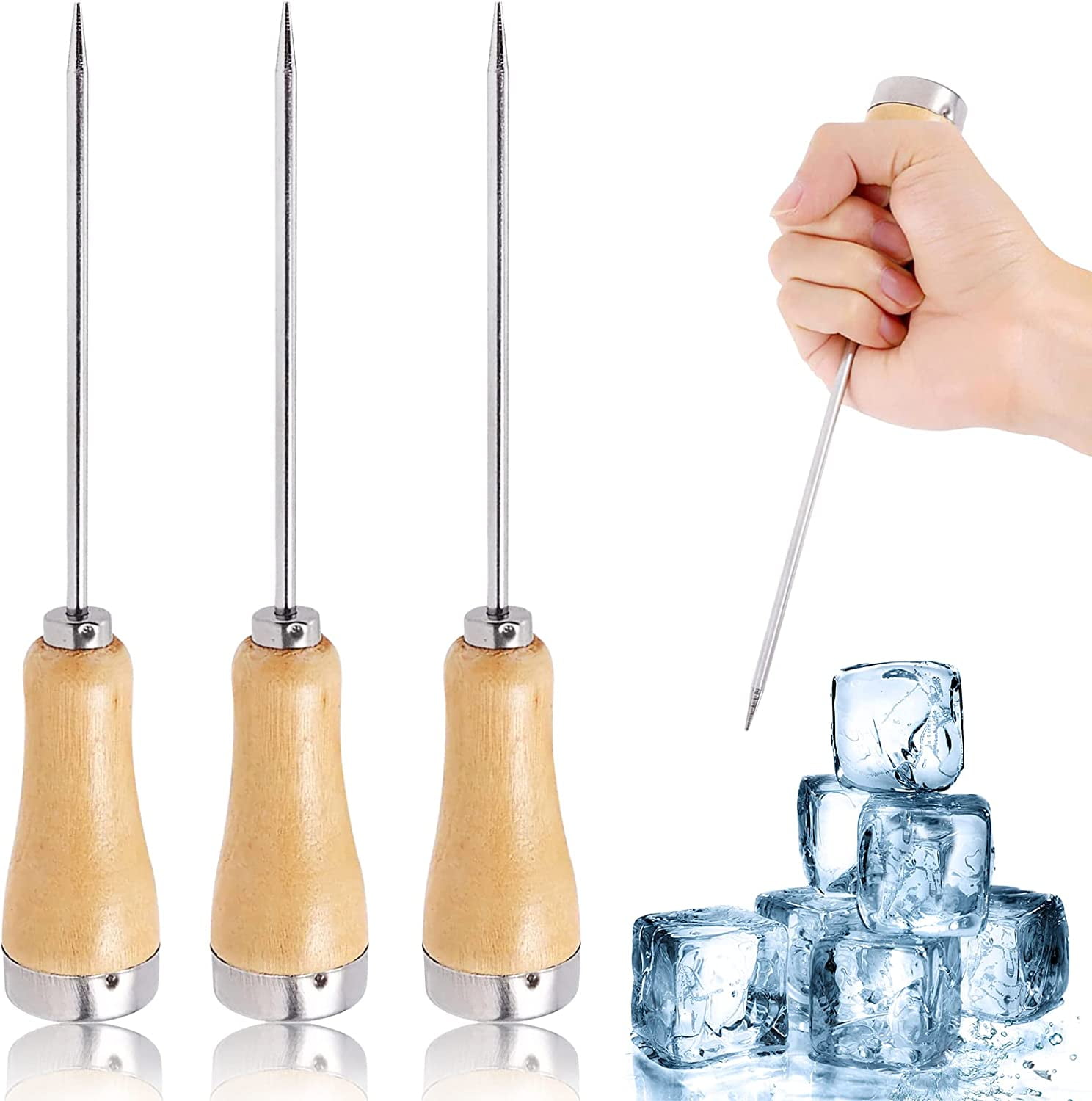 Fireboomoon 3 Pack Stainless Steel Ice Pick with Safety Wooden Handle ...