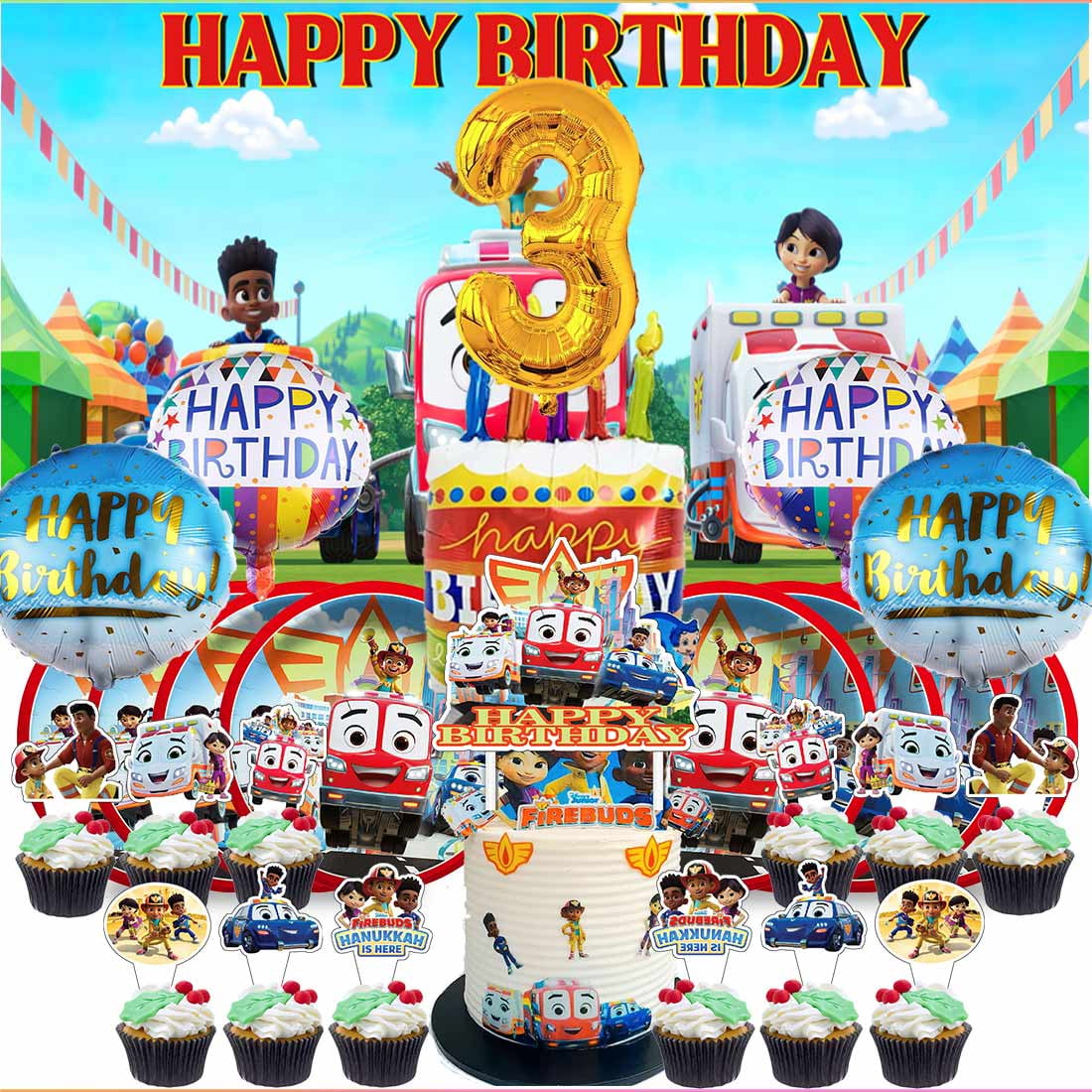 Firebuds 3rd Tableware Balloons Cake Toppers Backdrop Banner Supplies ...