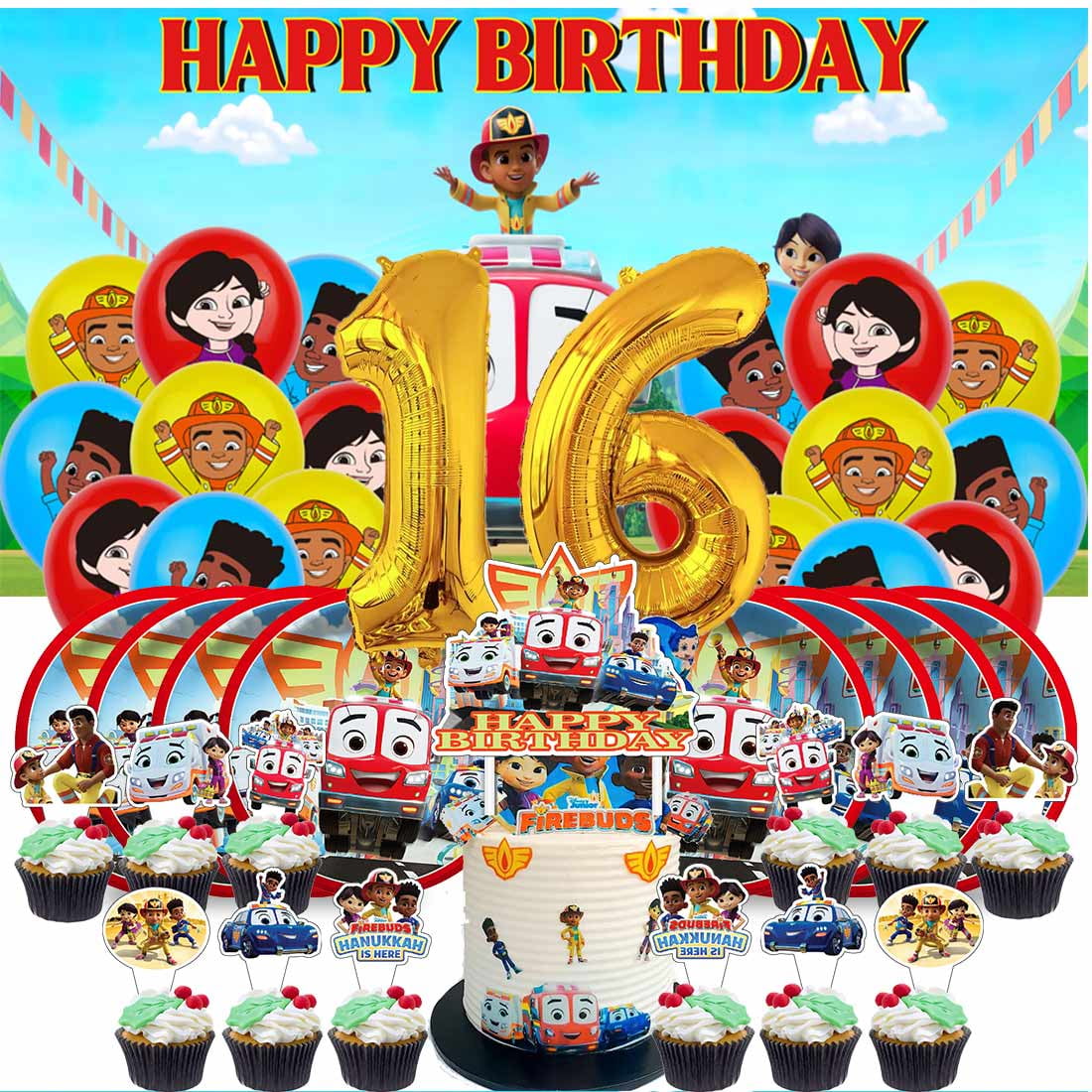 Firebuds Balloons Party Supplies 16th Decor Tableware Birthday Cake ...
