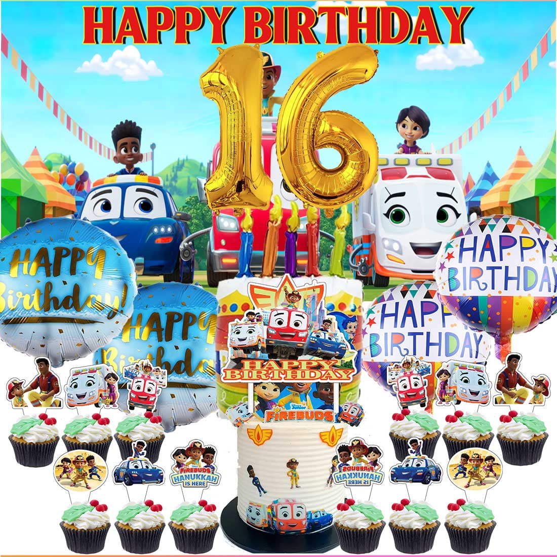 Firebuds Party Supplies Decor 16th Kit Balloons Birthday Cake Topper ...