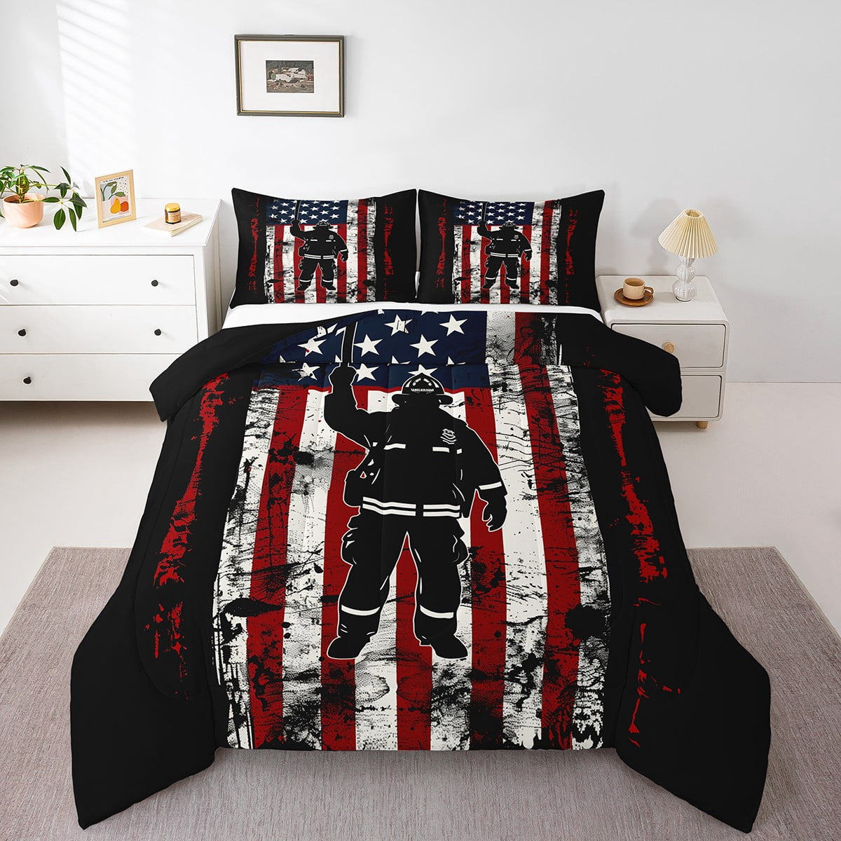 Firefight Bedding Set King,Gift for Firefighter,American Flag Comforter ...