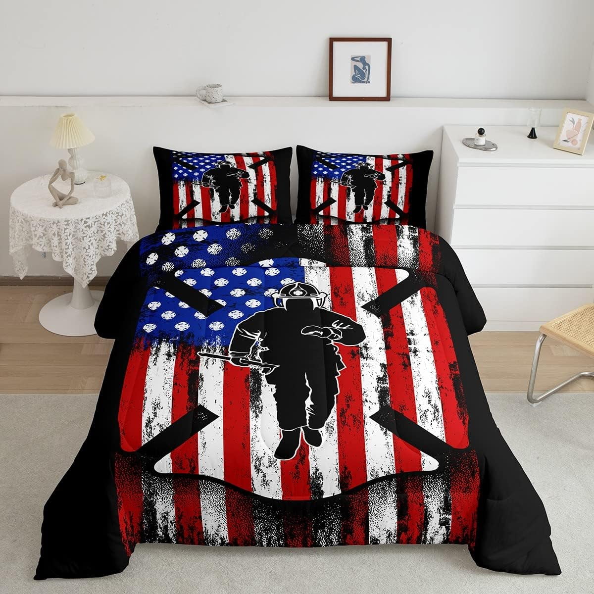 Firefight Bedding Set Twin,Gift for Firefighter,American Flag Comforter ...
