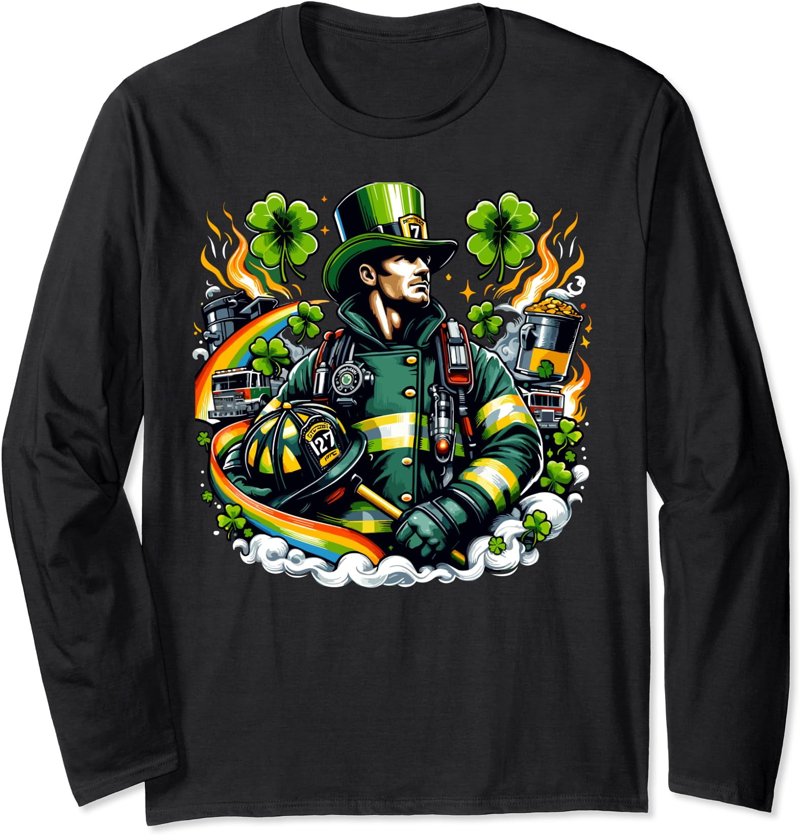 Firefighter 2025 Men’s Fireman Fire Department Long Sleeve Tee Shamrock ...