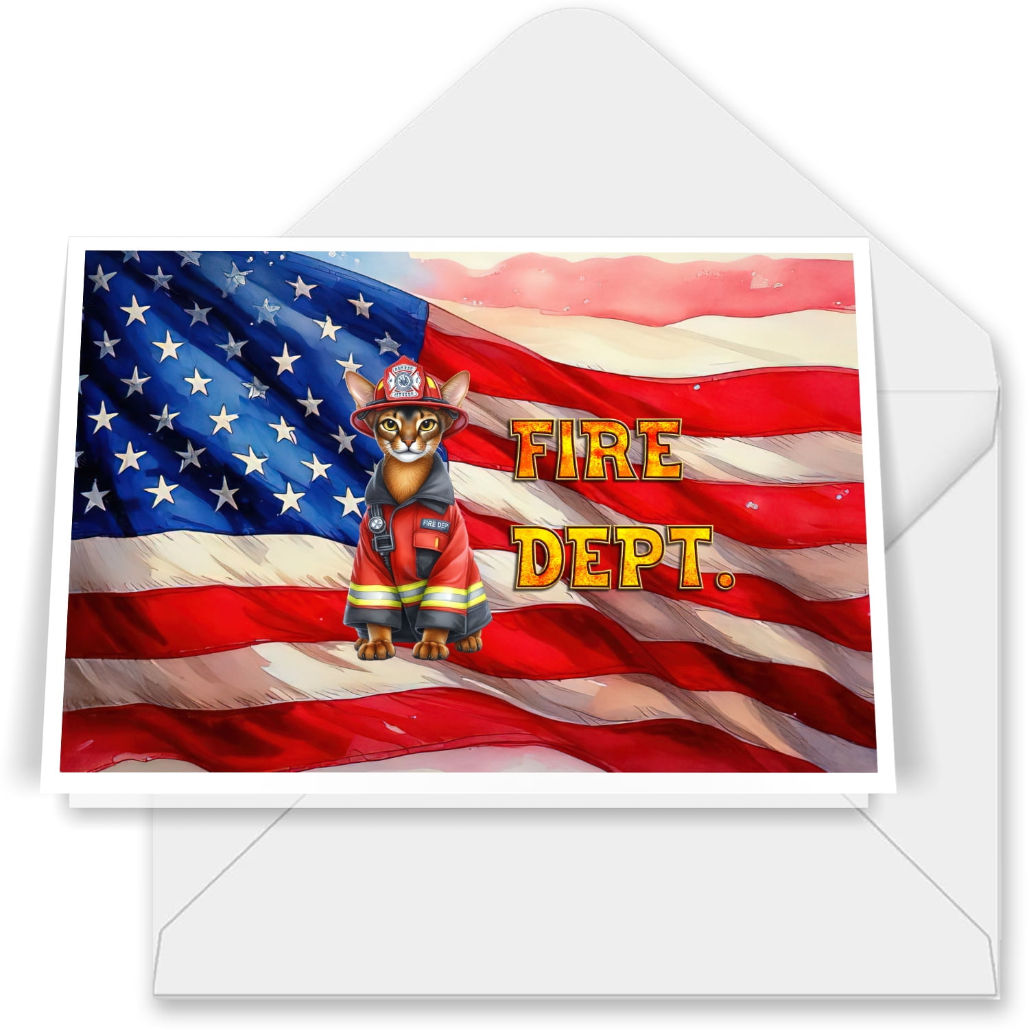 Firefighter Abyssinian Hero Rescue Fire Dept Fireman USA Flag 7x5in Folded Greeting Card Cat ...