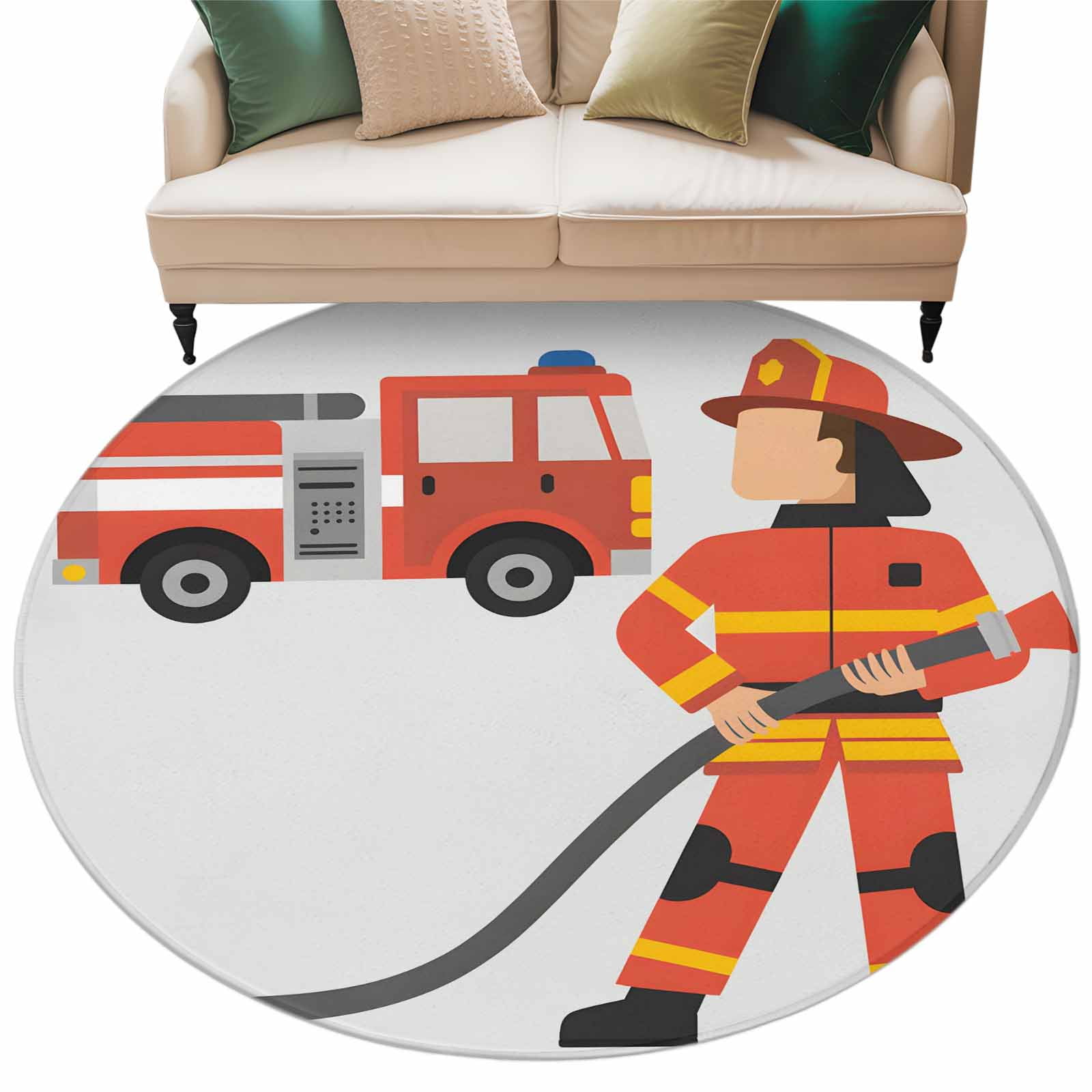 Firefighter Area Rug, Carton Fireman in Uniform Red Fire Truck Grey ...